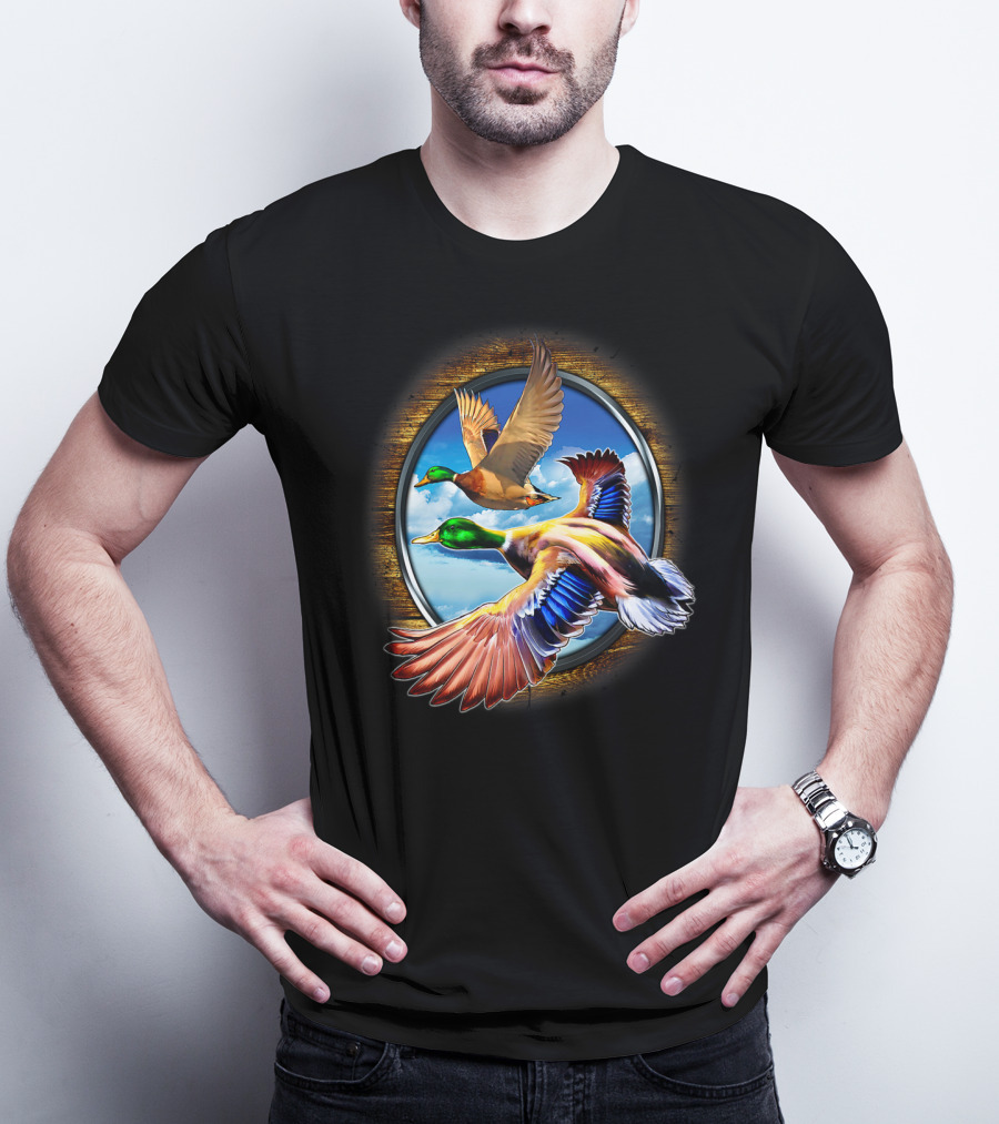 Flying Duck Hunting Scene With Colorful Ducks In Motion T-Shirt