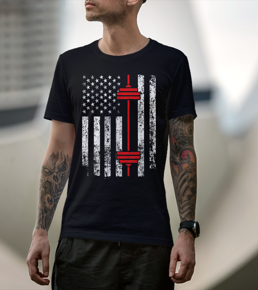 American Flag Barbell Weightlifting Fitness Strength T-Shirt