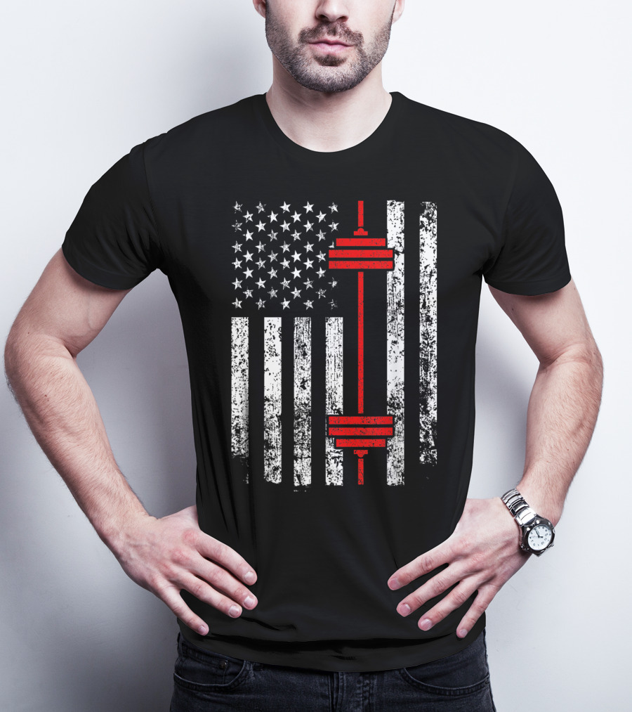 American Flag Barbell Weightlifting Fitness Strength T-Shirt