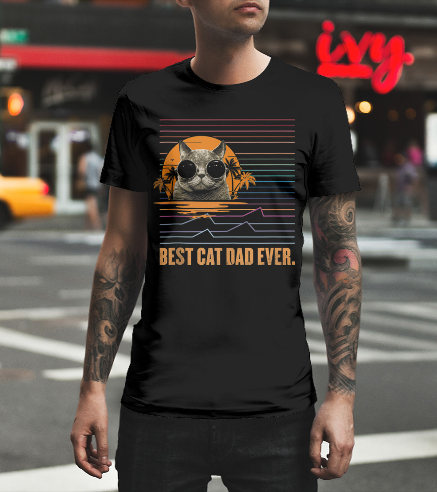 Best Cat Dad Ever Retro Sunset Cat With Sunglasses And Palm Trees T-Shirt