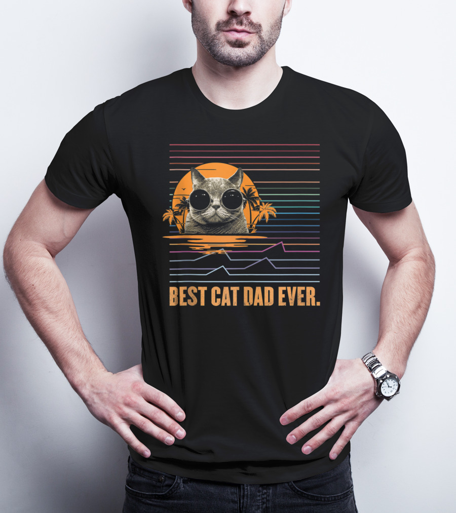 Best Cat Dad Ever Retro Sunset Cat With Sunglasses And Palm Trees T-Shirt