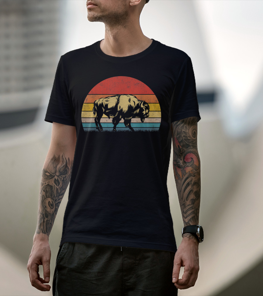 Buffalo Bison Sunset Vintage 70s Natur Retro Stripes T-Shirt