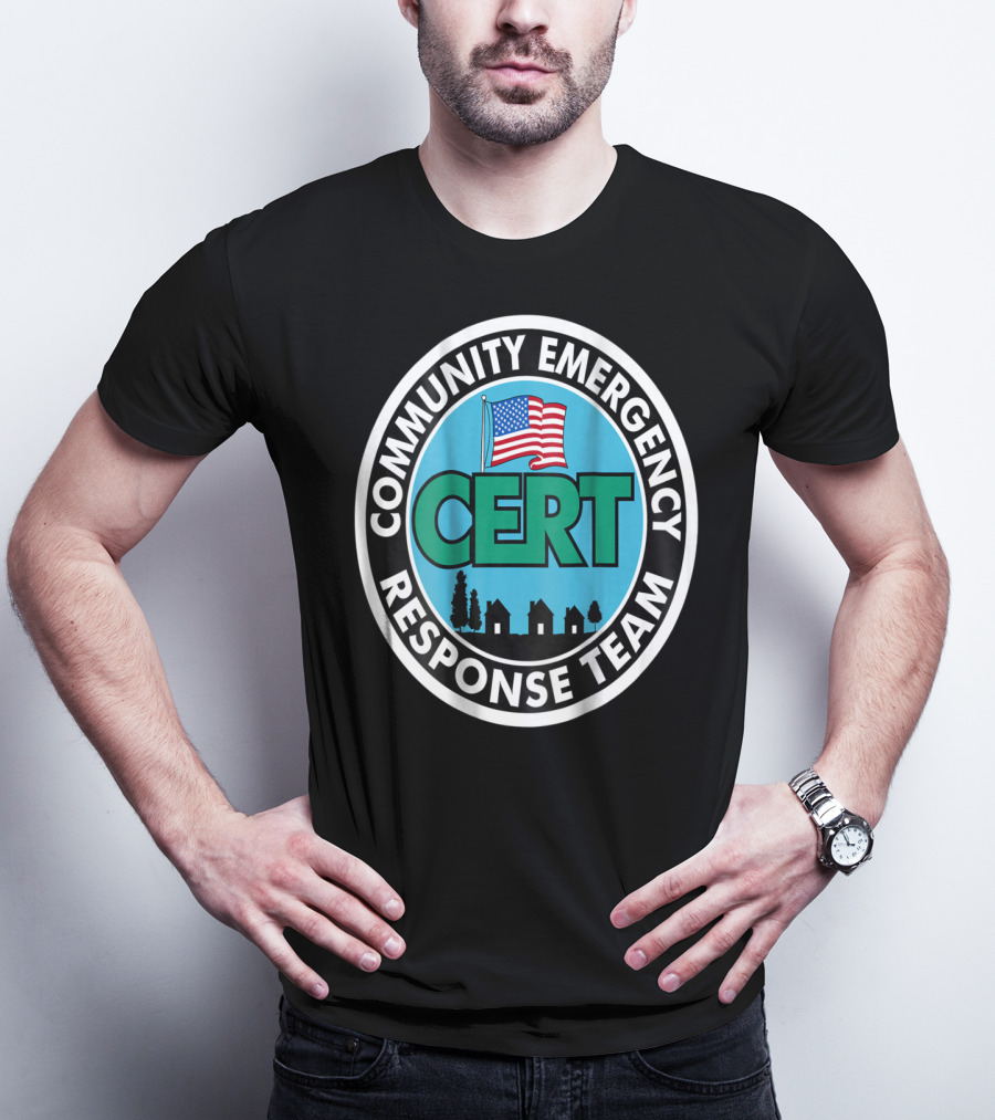 Community Emergency Response Team CERT American Flag Badge T-Shirt