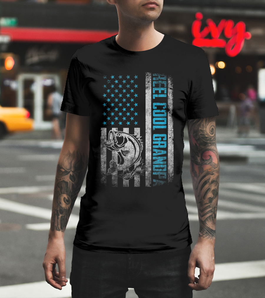 Father's Day Reel Cool Grandpa Fishing American Flag T-Shirt