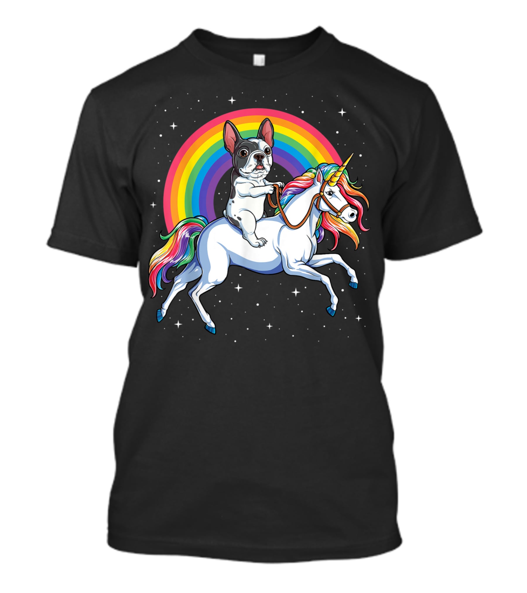 French Bulldog Riding Rainbow Unicorn In Space Galaxy T-Shirt