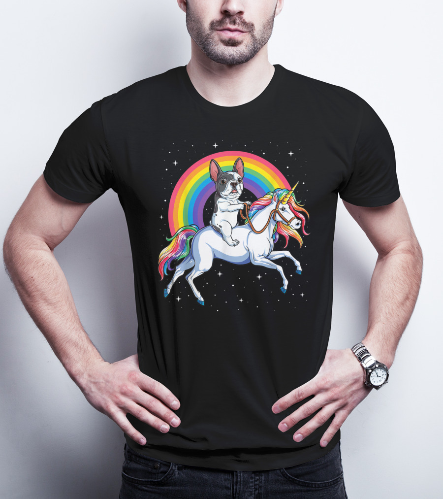 French Bulldog Riding Rainbow Unicorn In Space Galaxy T-Shirt