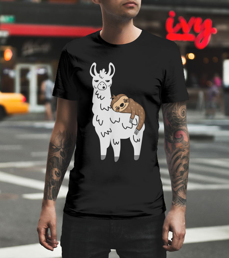 Funny Fluffy Sloth Hugging A Llama T-Shirt