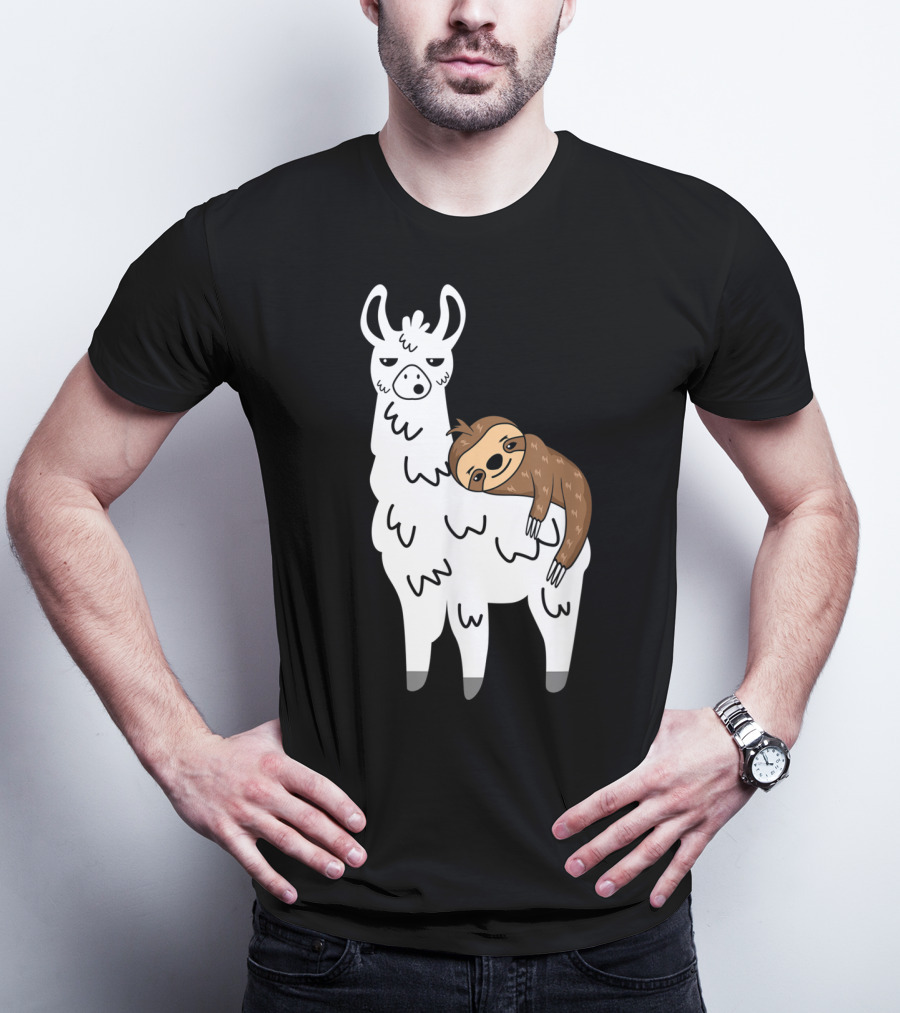 Funny Fluffy Sloth Hugging A Llama T-Shirt