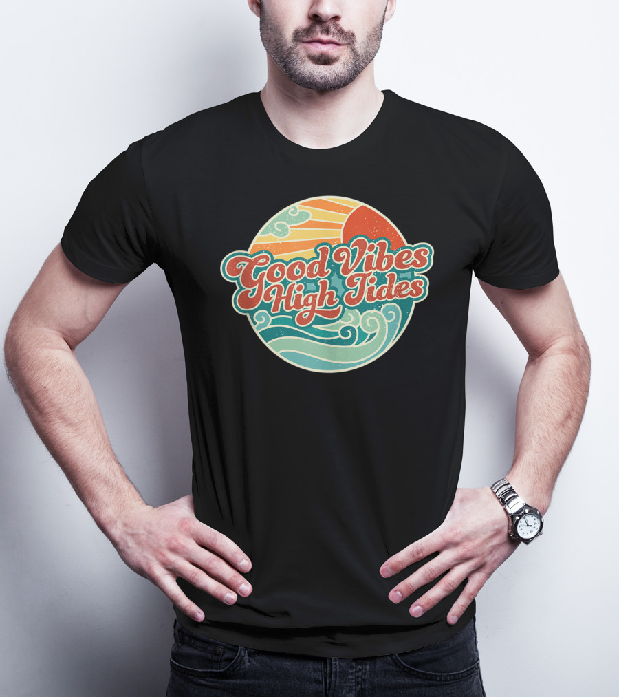 Good Vibes High Tides 60s Summer Retro Ocean Sunset Waves T-Shirt
