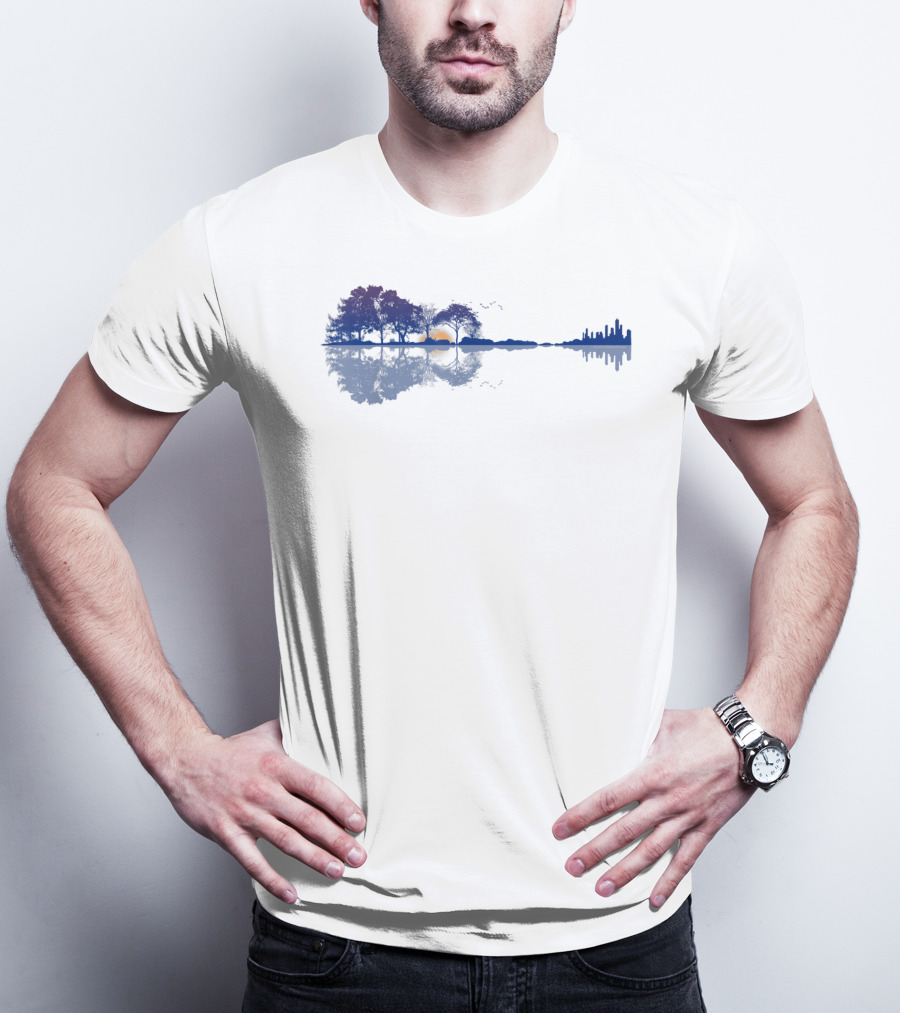 Guitar Reflections Lake Scene For Music Lovers T-Shirt