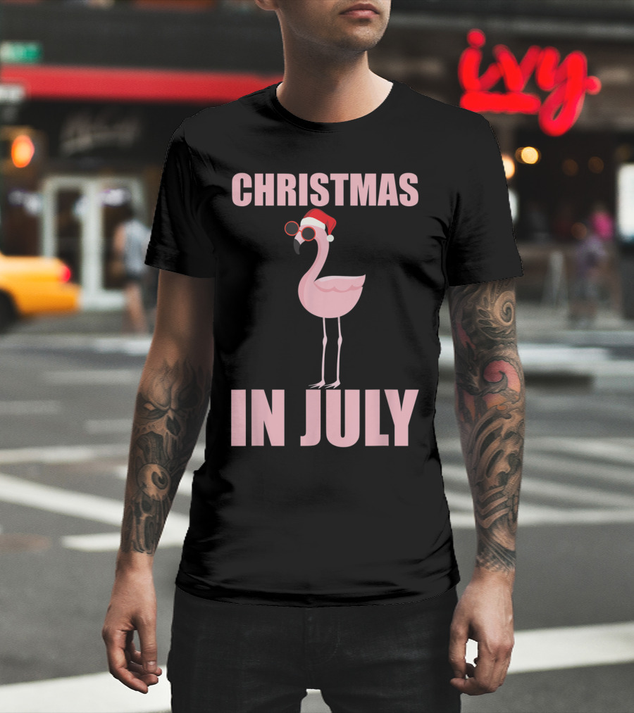 Christmas In July Funny Flamingo In Santa Hat T-Shirt