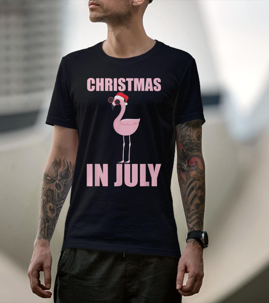 Christmas In July Funny Flamingo In Santa Hat T-Shirt