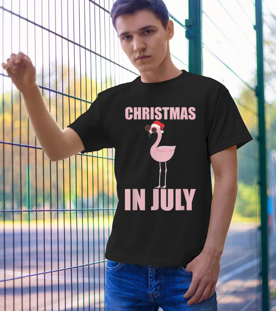 Christmas In July Funny Flamingo In Santa Hat T-Shirt