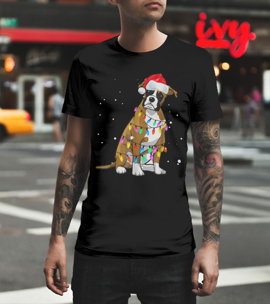 Boxer Dog Wrapped In Christmas Lights Wearing Santa Hat T-Shirt