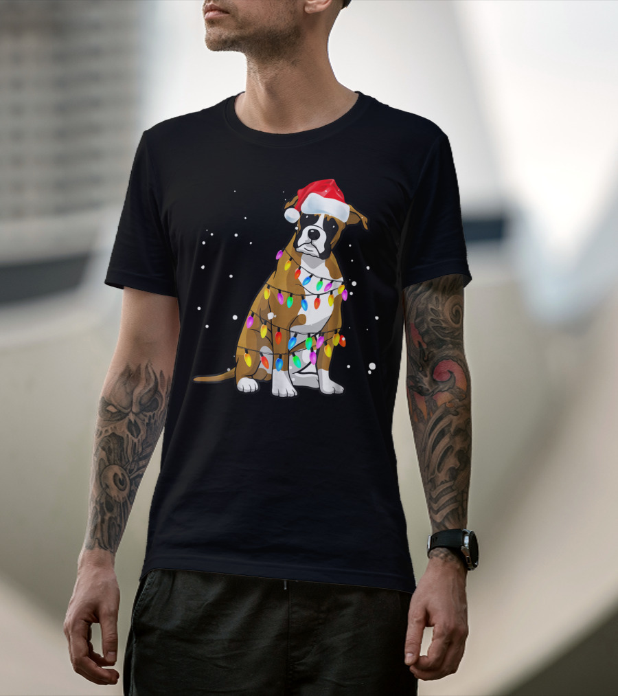 Boxer Dog Wrapped In Christmas Lights Wearing Santa Hat T-Shirt