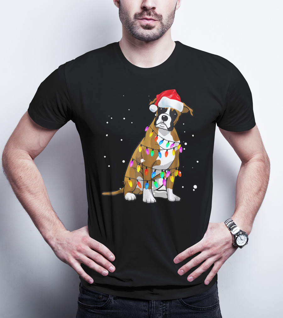 Boxer Dog Wrapped In Christmas Lights Wearing Santa Hat T-Shirt
