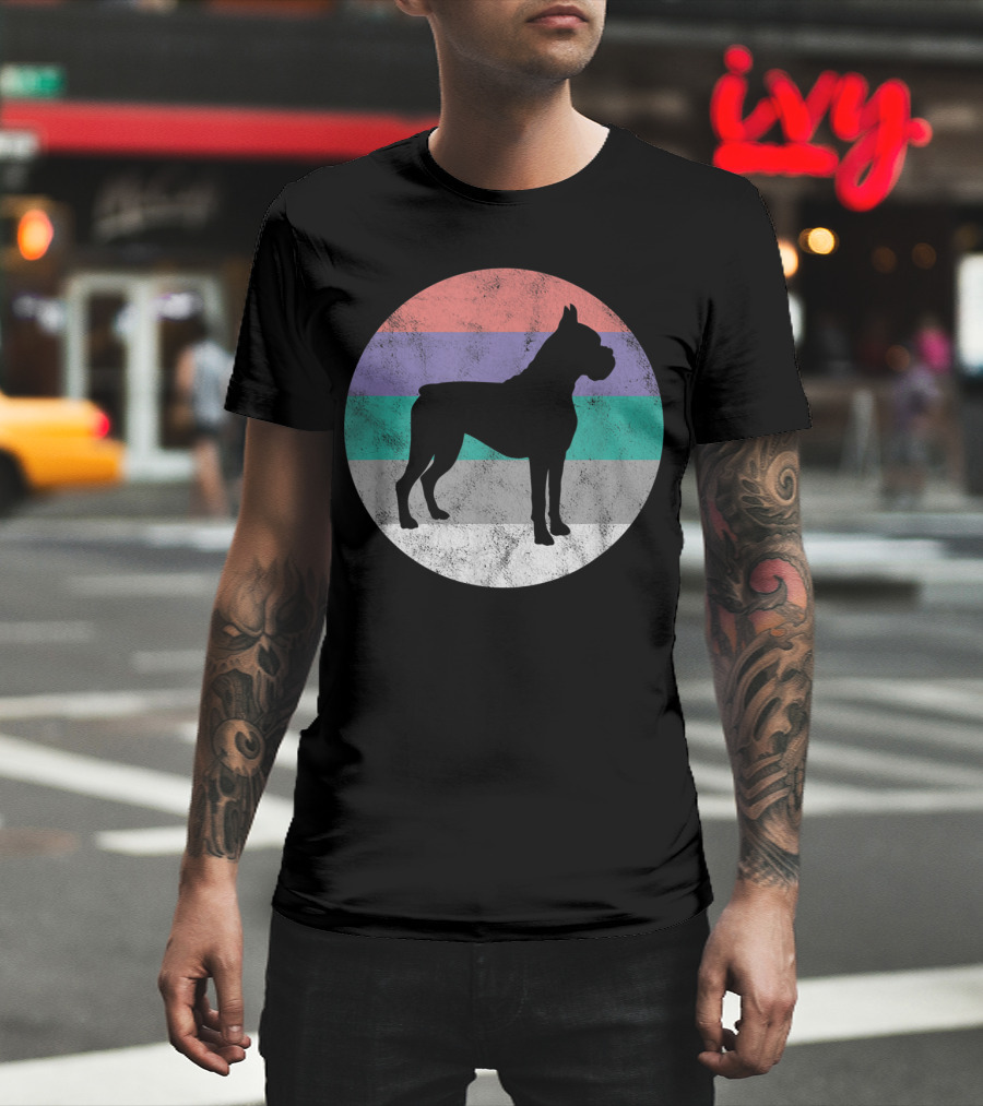 Boxer Dog Silhouette With Striped Circle Retro T-Shirt