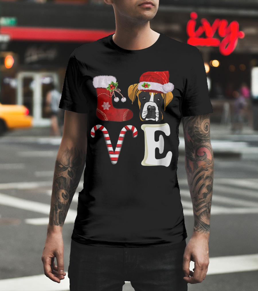 Boxer Dog Love Christmas Light With Santa Hat And Candy Cane T-Shirt