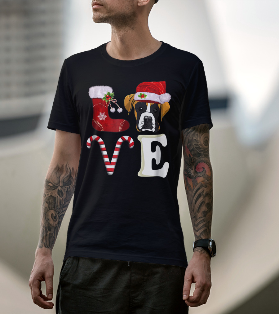 Boxer Dog Love Christmas Light With Santa Hat And Candy Cane T-Shirt