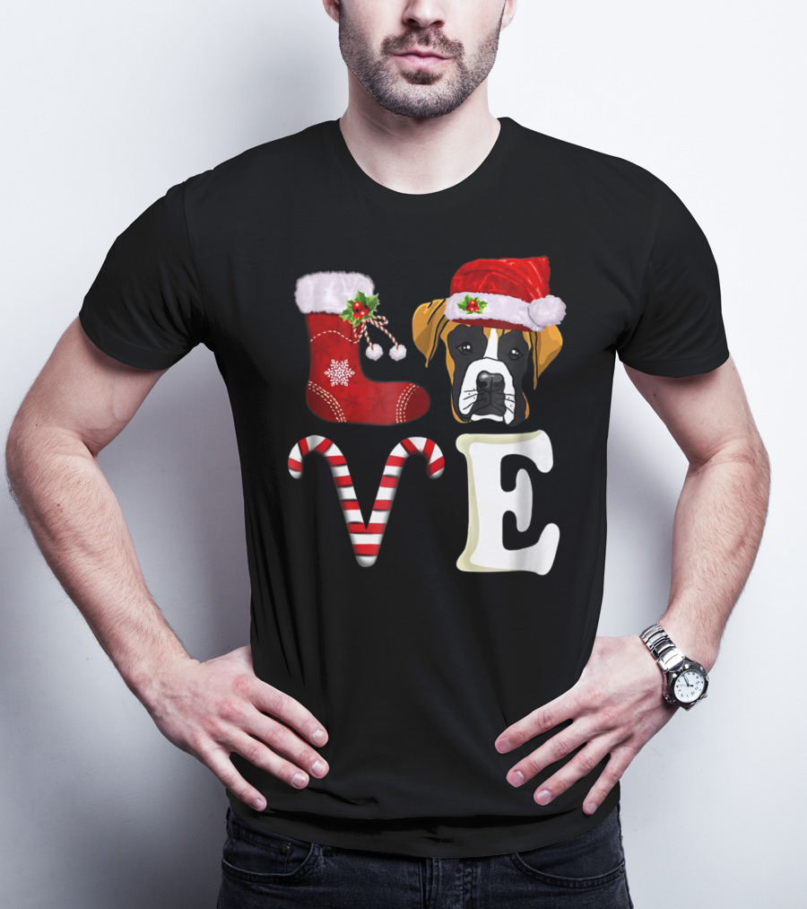 Boxer Dog Love Christmas Light With Santa Hat And Candy Cane T-Shirt