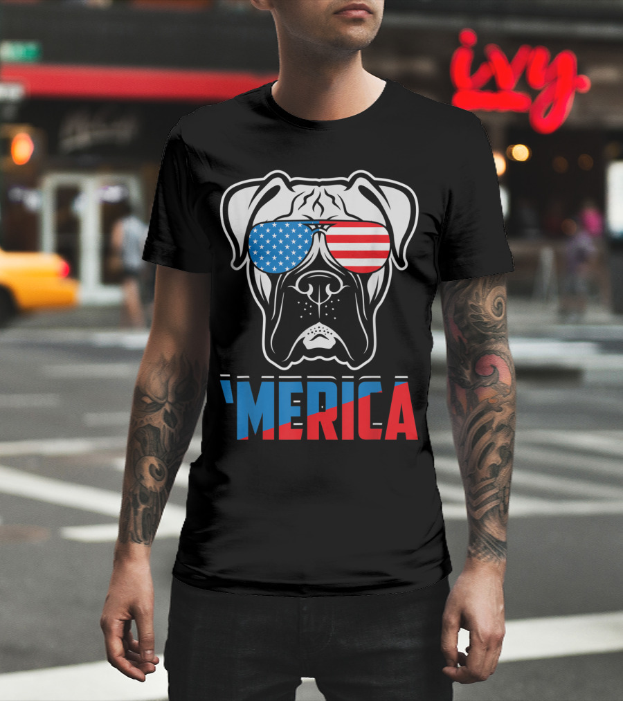 Boxer Dog In American Flag Sunglasses 'Merica Patriot T-Shirt