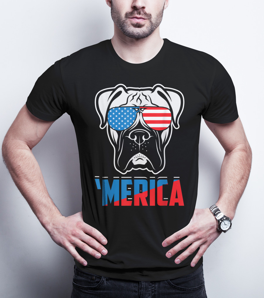 Boxer Dog In American Flag Sunglasses 'Merica Patriot T-Shirt