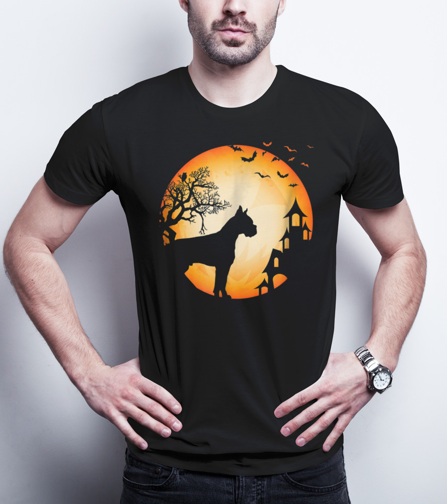 Scary Boxer Dog Halloween Moon With Bats And Haunted House Scene T-Shirt
