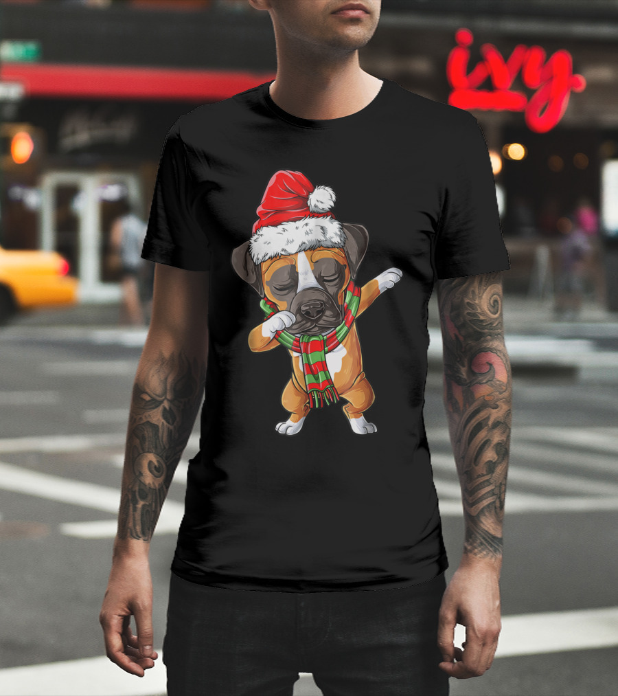 Dabbing Boxer Dog In Santa Hat With Christmas Scarf T-Shirt