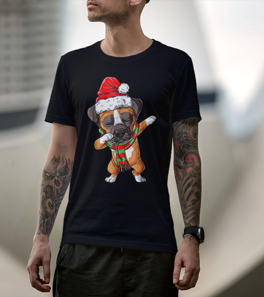 Dabbing Boxer Dog In Santa Hat With Christmas Scarf T-Shirt