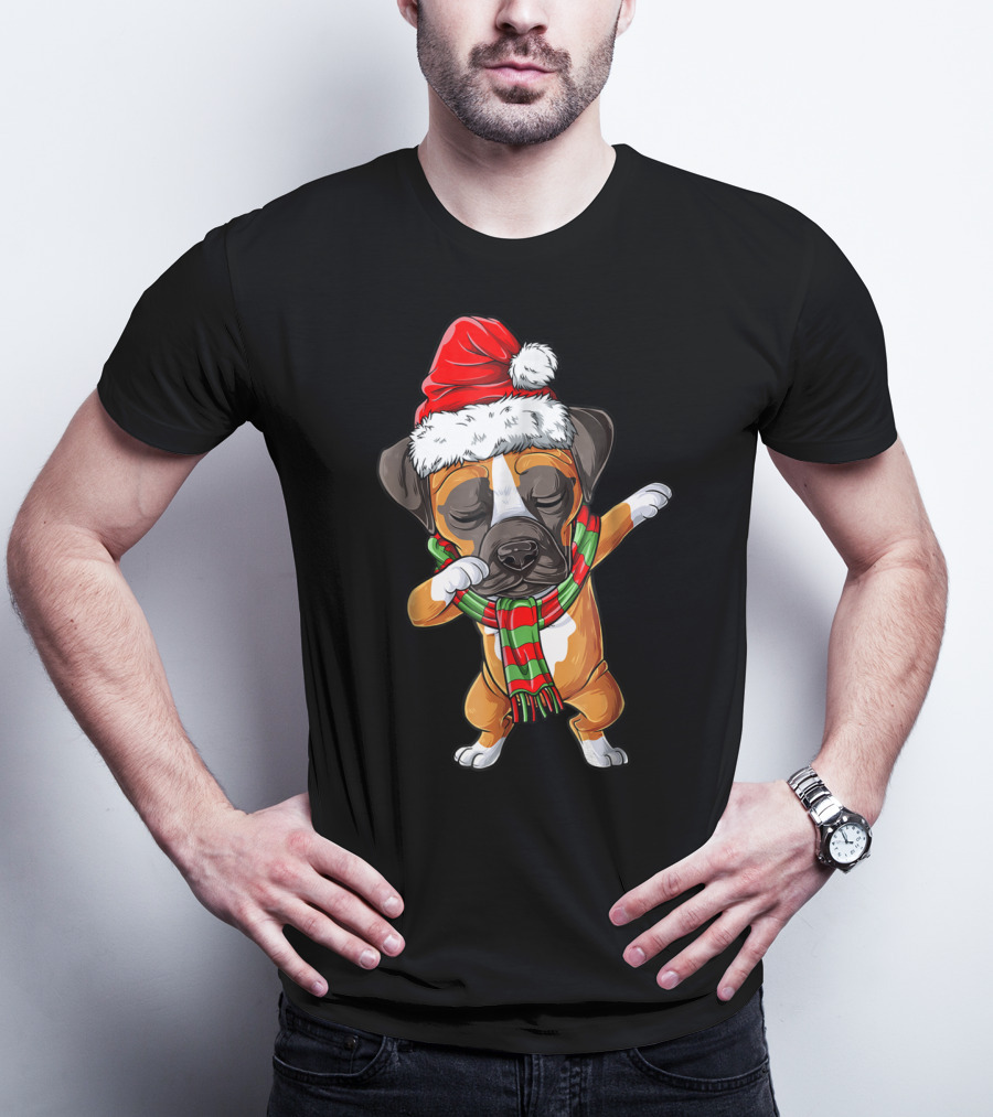 Dabbing Boxer Dog In Santa Hat With Christmas Scarf T-Shirt