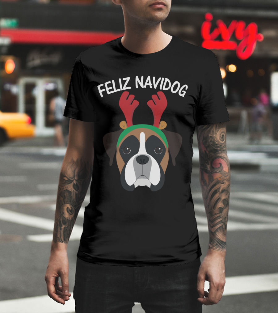 Feliz Navidog Navidad Boxer Dog Reindeer Antlers T-Shirt