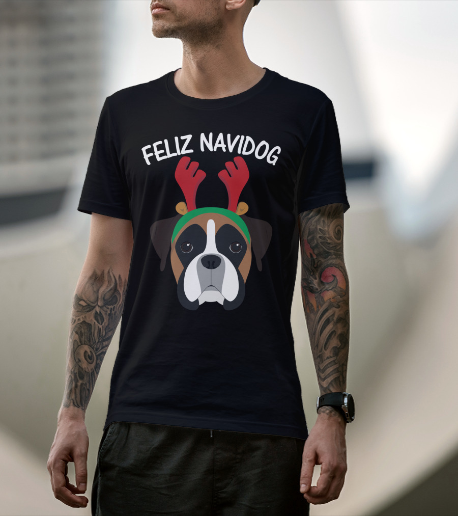 Feliz Navidog Navidad Boxer Dog Reindeer Antlers T-Shirt