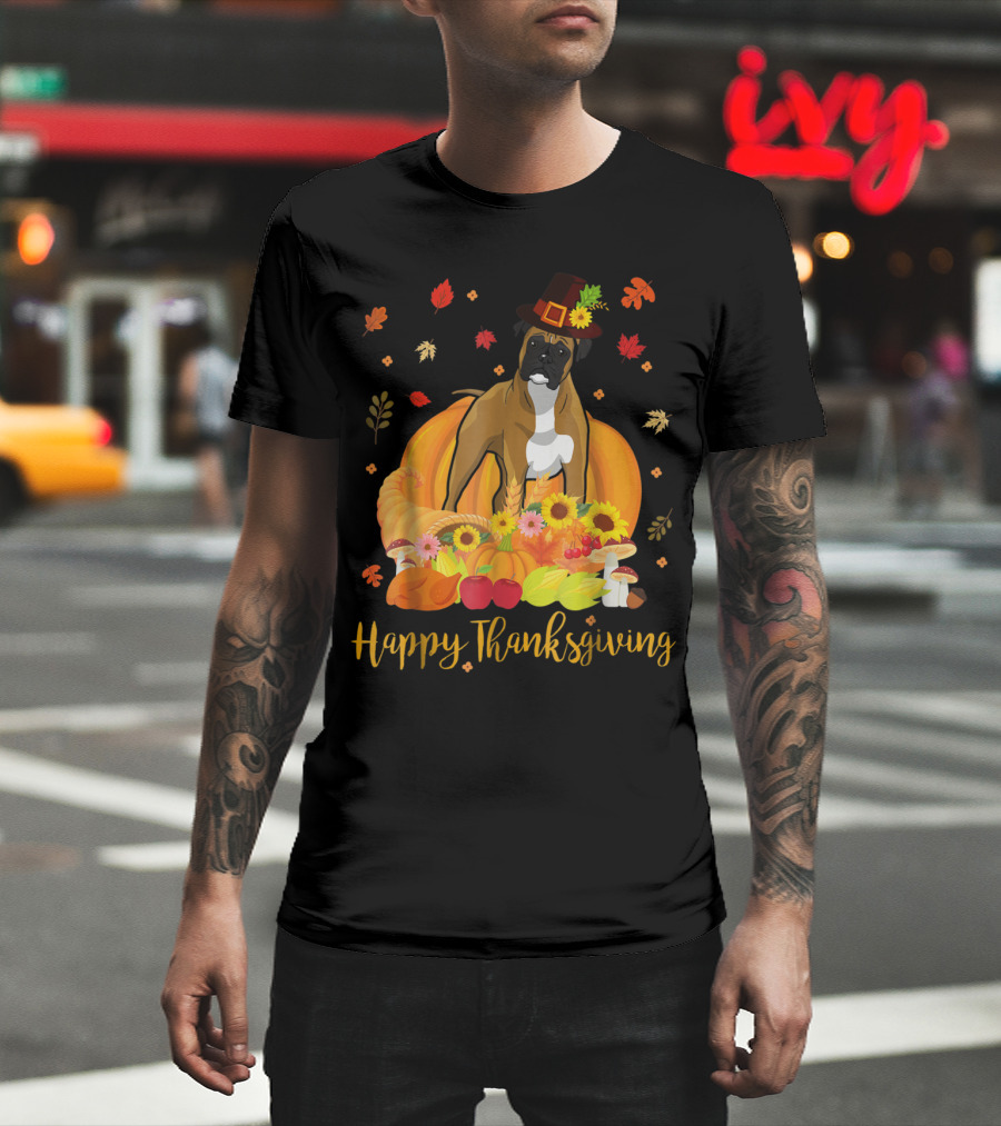 Thanksgiving Boxer Dog With Pilgrim Hat And Harvest Feast T-Shirt