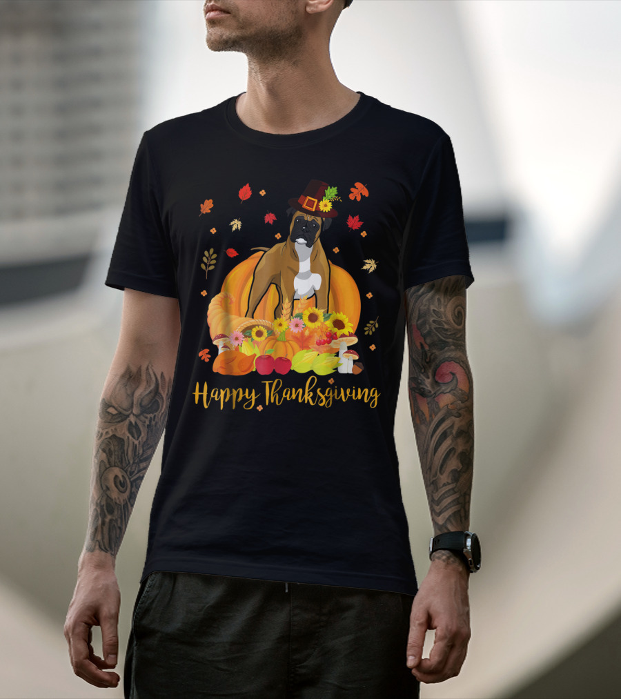 Thanksgiving Boxer Dog With Pilgrim Hat And Harvest Feast T-Shirt