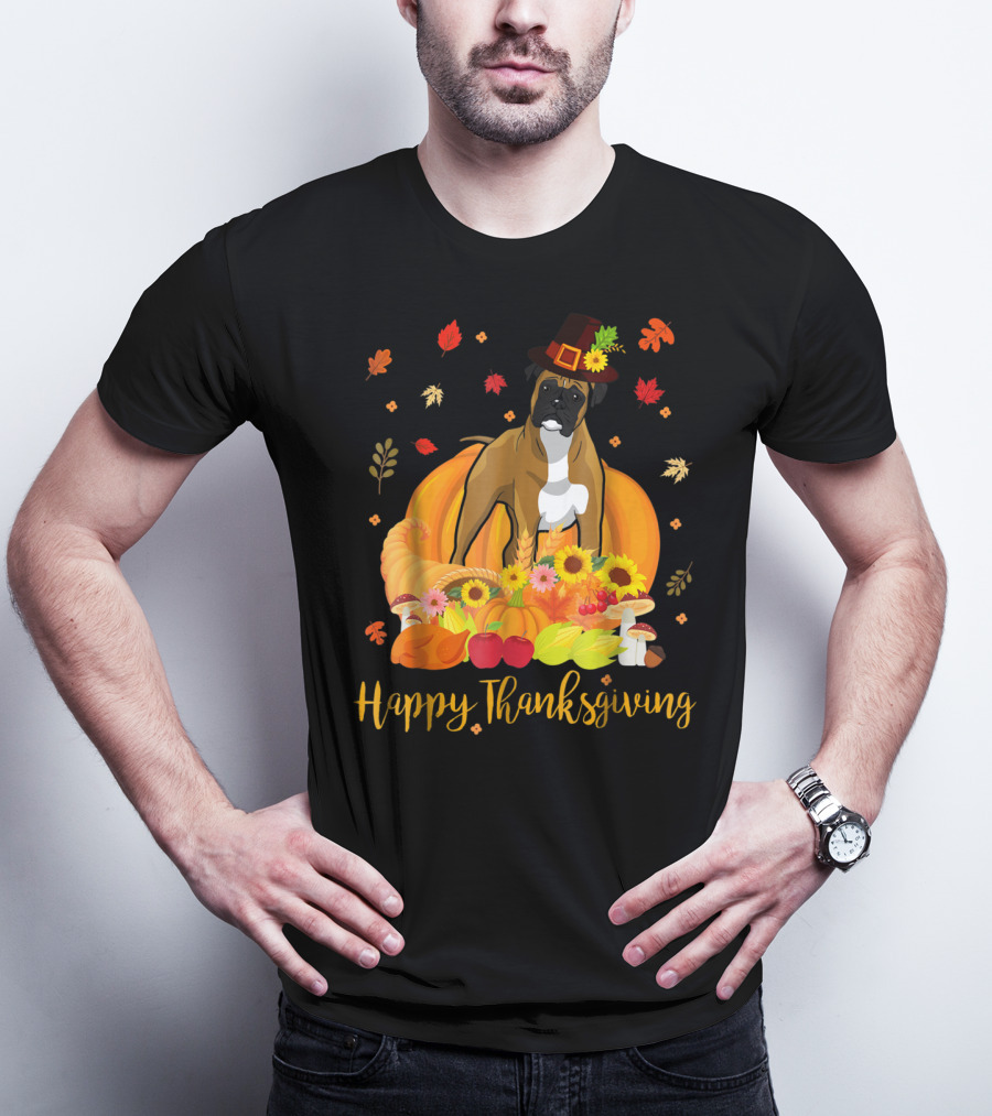 Thanksgiving Boxer Dog With Pilgrim Hat And Harvest Feast T-Shirt