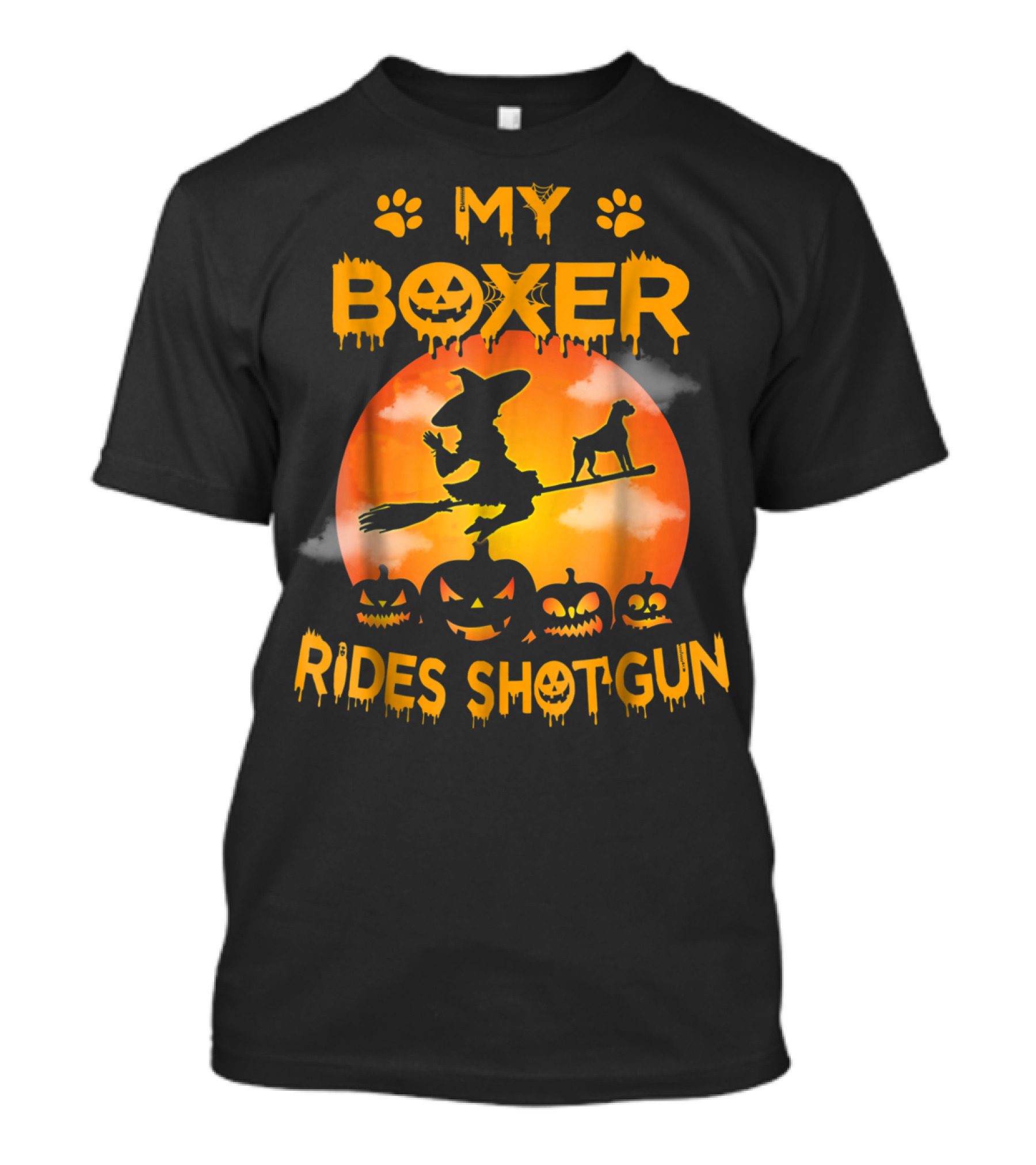 My Boxer Rides Shotgun Halloween Witch Broomstick Pumpkin Paws T-Shirt