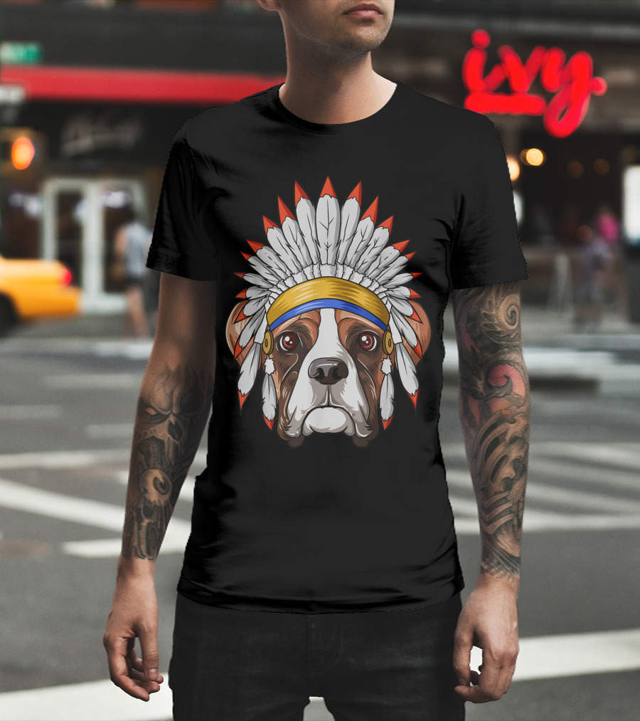 Native Indian American Boxer Feather Headdress Boxer Dog T-Shirt