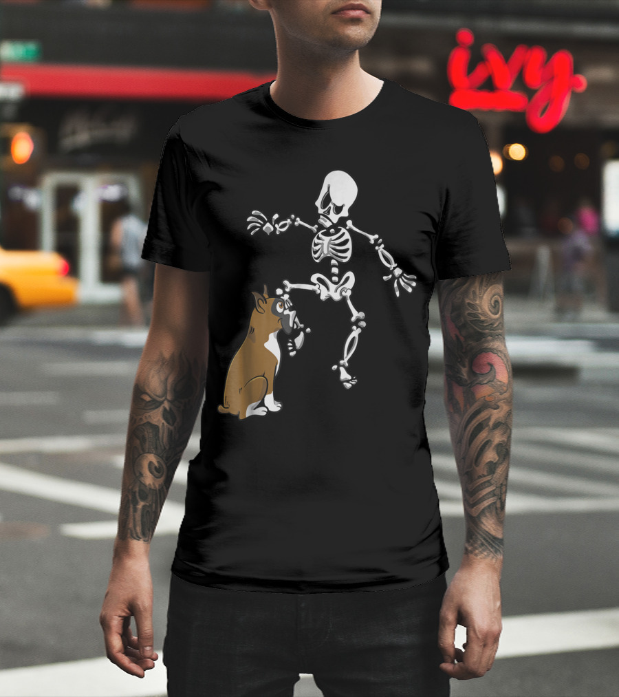 Boxer Dog Biting Skeleton Leg Halloween Dog Skeleton T-Shirt