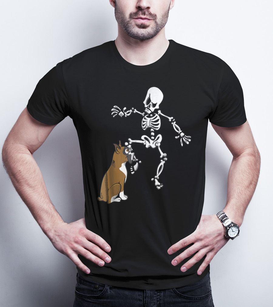 Boxer Dog Biting Skeleton Leg Halloween Dog Skeleton T-Shirt