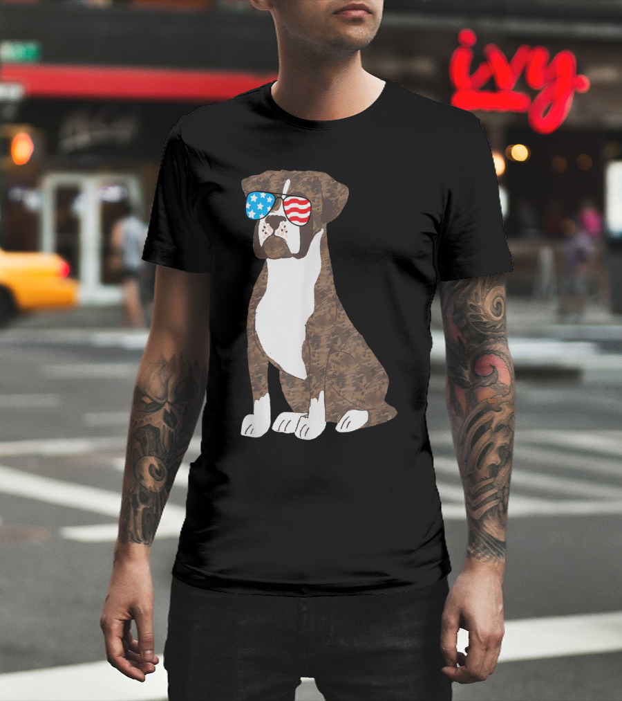 Patriotic Boxer Dog USA Flag Sunglasses Memorial Day T-Shirt