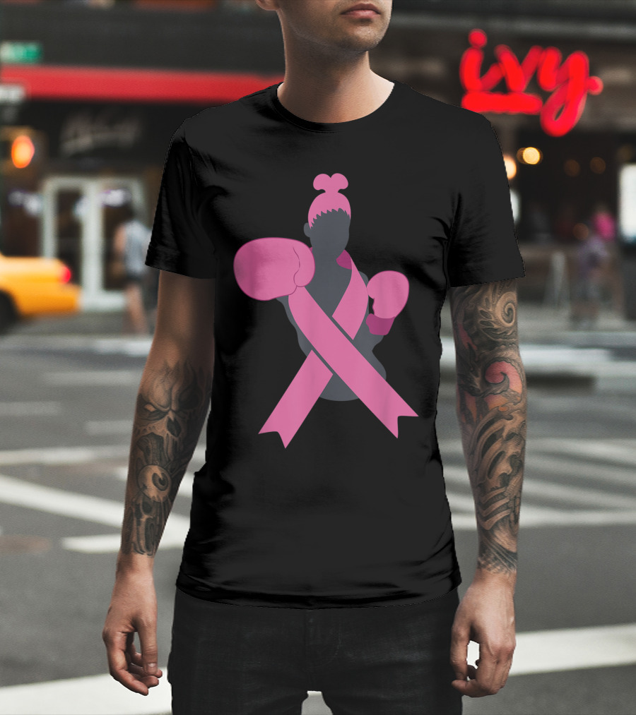Boxer Supporting Breast Cancer Awareness With Pink Ribbon Boxing Gloves T-Shirt