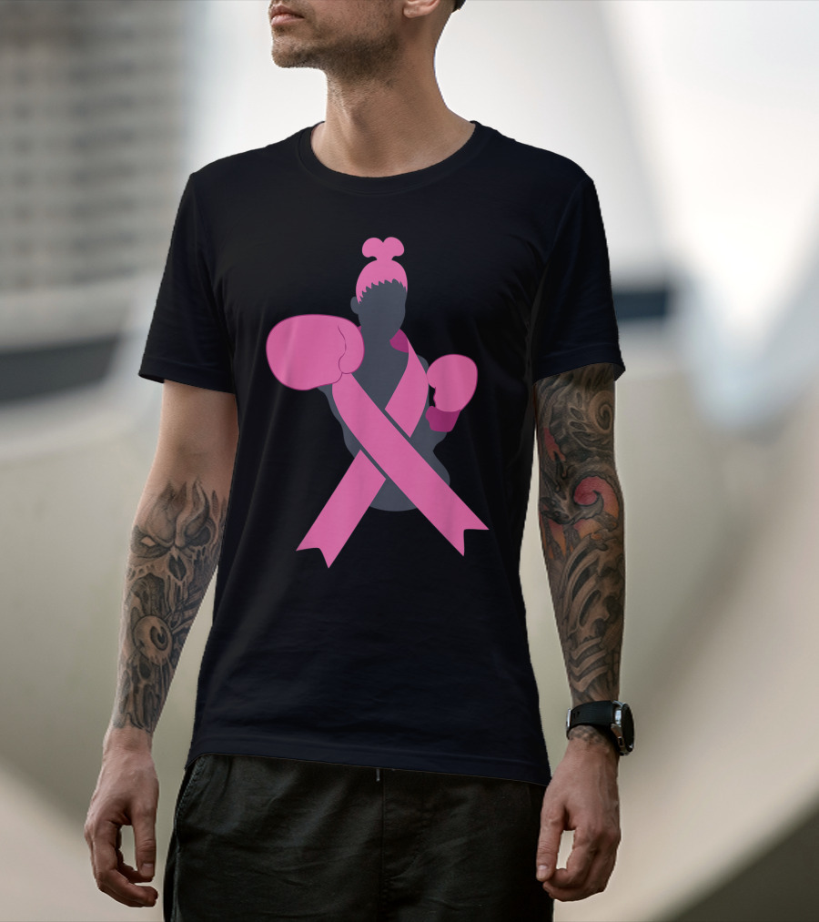 Boxer Supporting Breast Cancer Awareness With Pink Ribbon Boxing Gloves T-Shirt