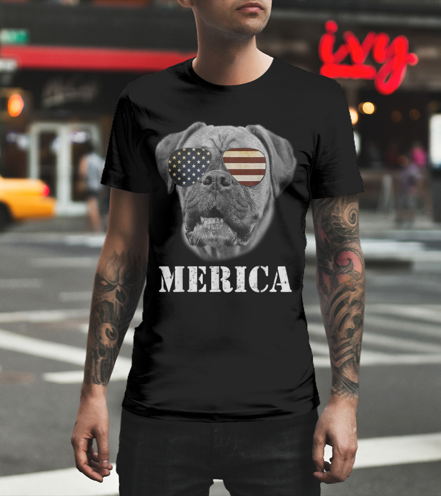 Merica Patriotic Boxer Dog With USA Flag Sunglasses T-Shirt