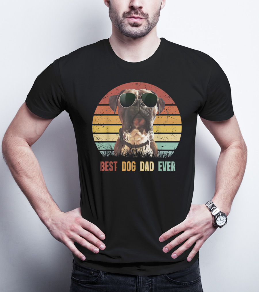 Mens Vintage Best Dog Dad Ever Boxer Dog Sunglasses Retro Sunburst T-Shirt