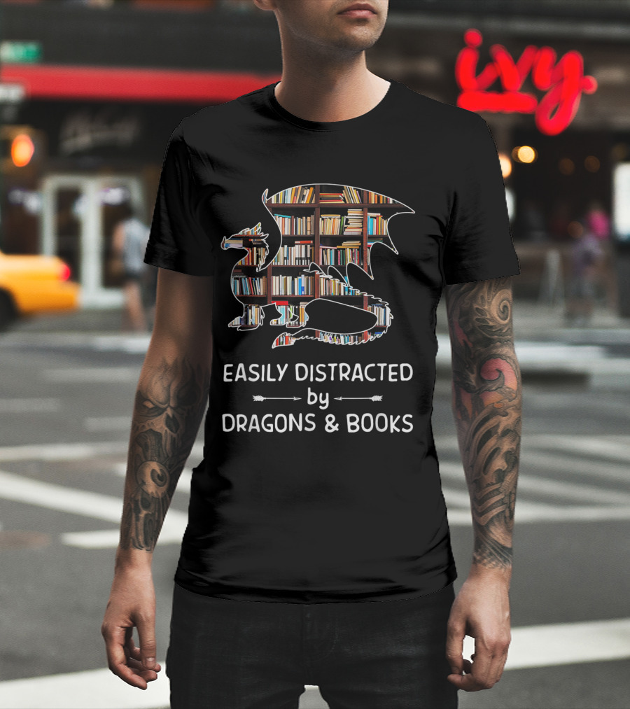 Easily Distracted By Dragons And Books With Library T-Shirt