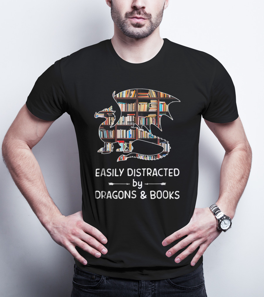 Easily Distracted By Dragons And Books With Library T-Shirt
