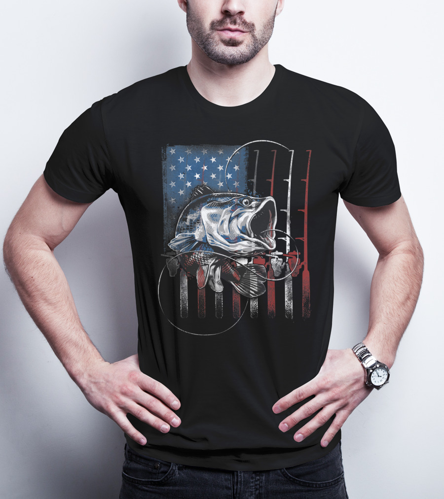Fishing American Flag Vintage USA Bass Rods Stars Stripes T-Shirt