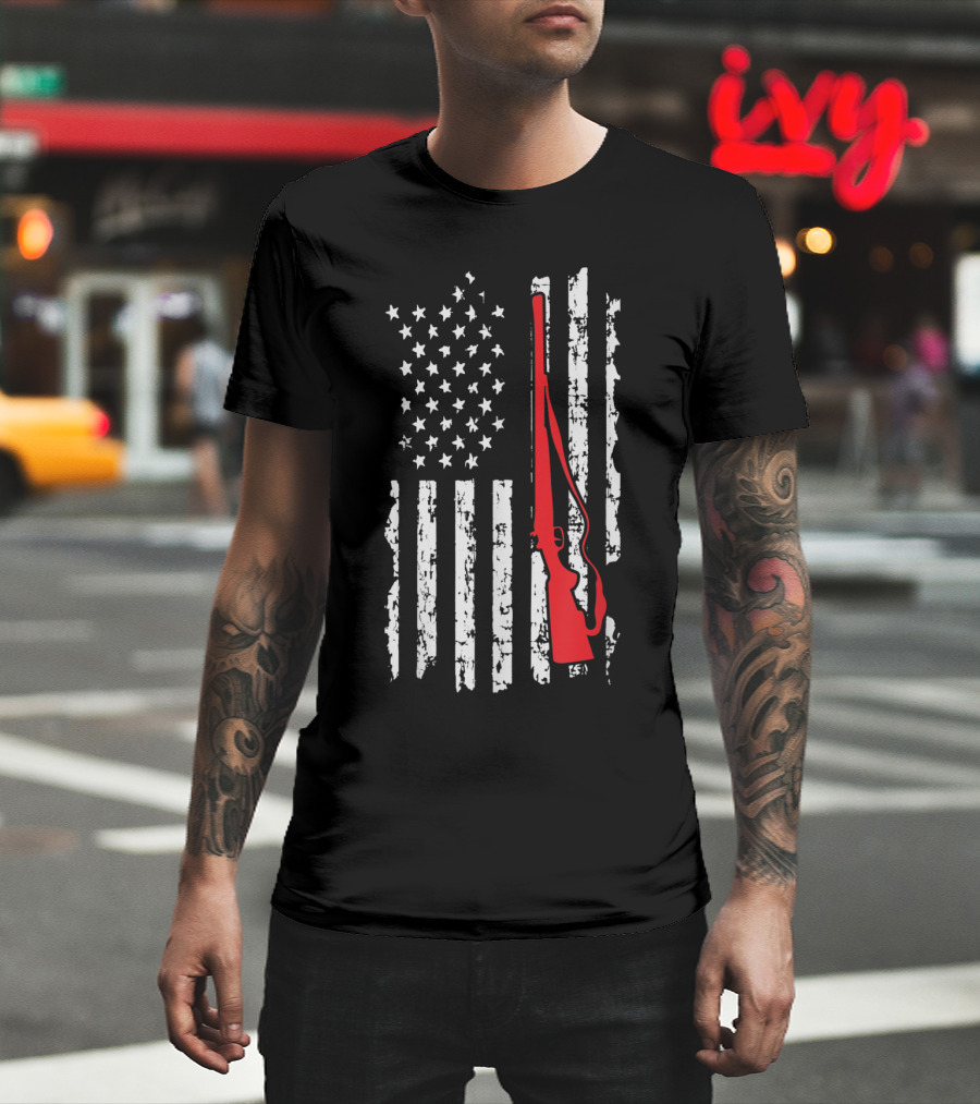 American Flag Gun Hunters Rifle In Red Silhouette T-Shirt