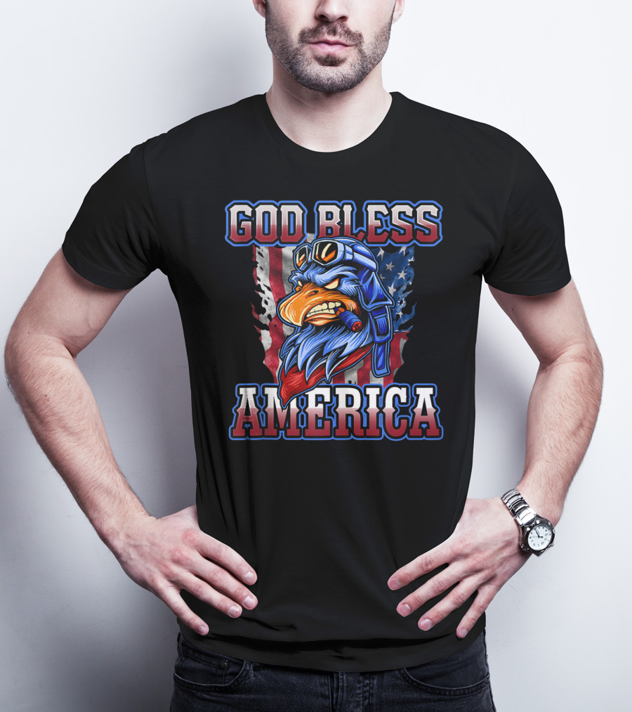 God Bless America Patriotic Eagle With American Flag Helmet And Goggles T-Shirt