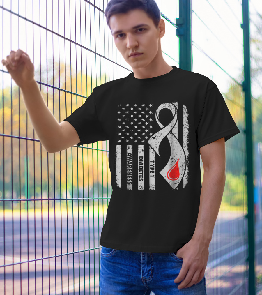American Flag Type 1 Diabetes Awareness Ribbon With Blood Drop T-Shirt